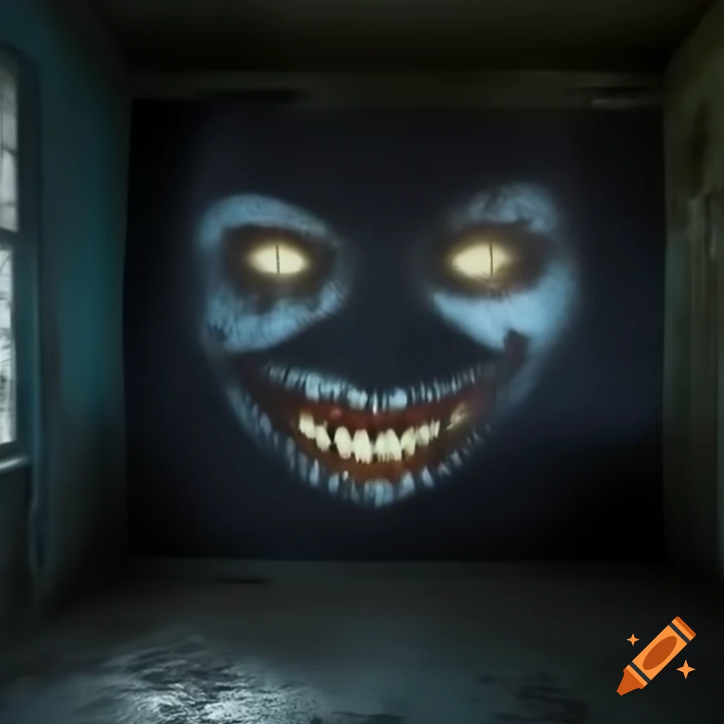 Shadowed face with terrifying grin emerging from peeling paint in ...