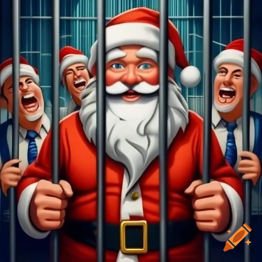 Santa Claus in red suit peering through prison bars with playful smile ...