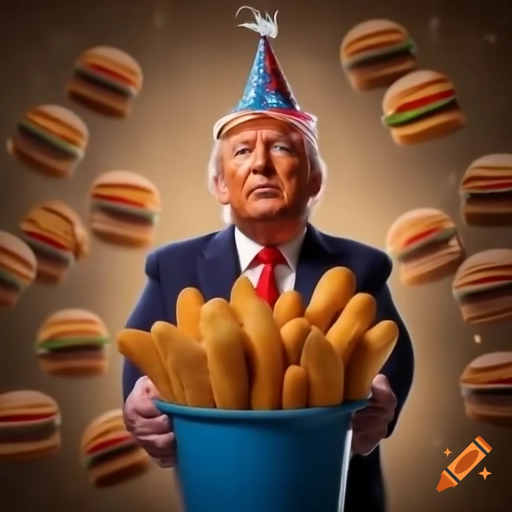 Political satire of Donald Trump in a bucket of burgers and corn dogs ...