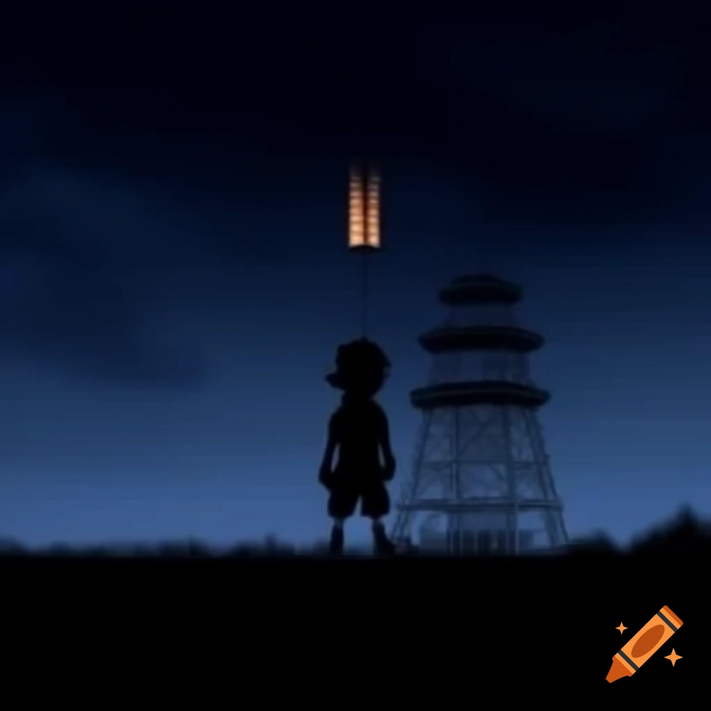 Silhouette of ash ketchum's profile next to a tower in a dark setting ...