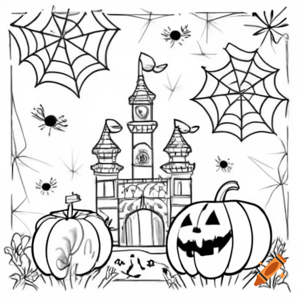 Halloween coloring page featuring castle and spider webs on Craiyon