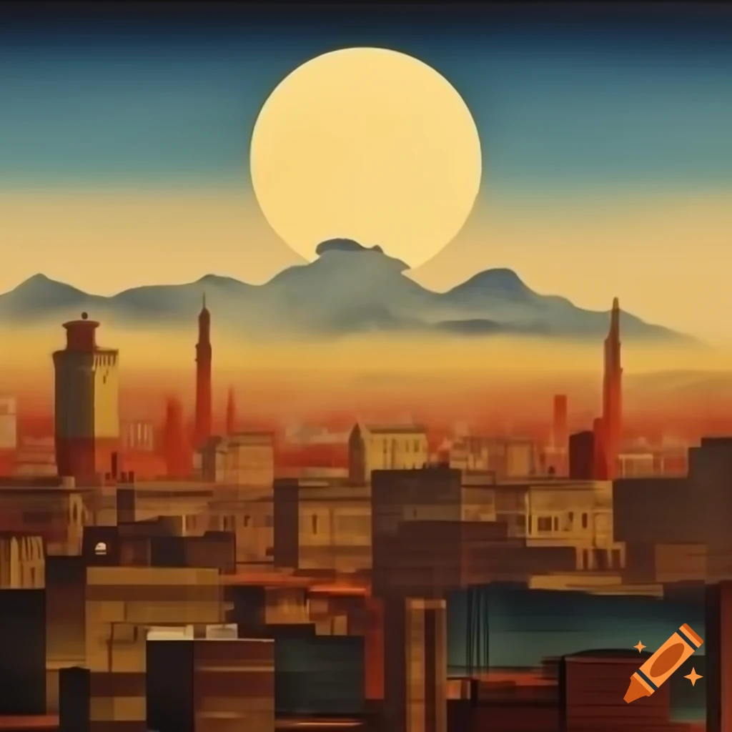 Tehran skyline with enormous moon in warm colors, Hokusai watercolor ...