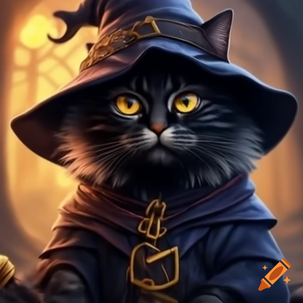Black cat wizard with magical elements on Craiyon