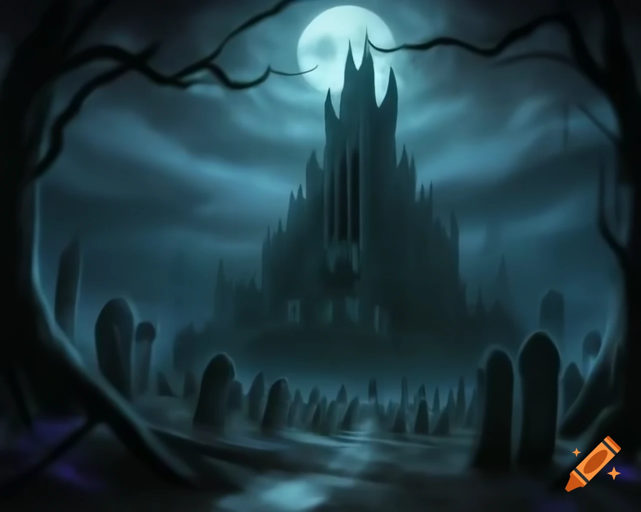 Ancient lich's castle illuminated by moonlight over creepy cemetery in ...