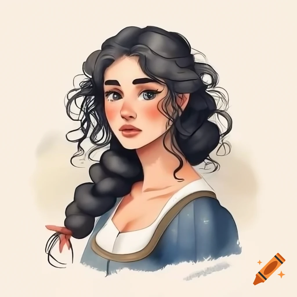 Midsize medieval peasant woman with dark curly hair in charming flat ...