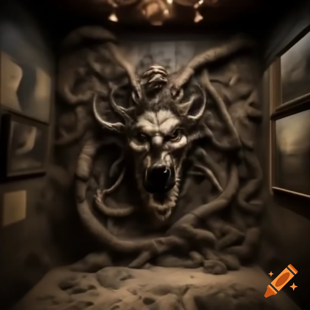 Realistic scary house interior with large room featuring demonic drawings on walls on Craiyon