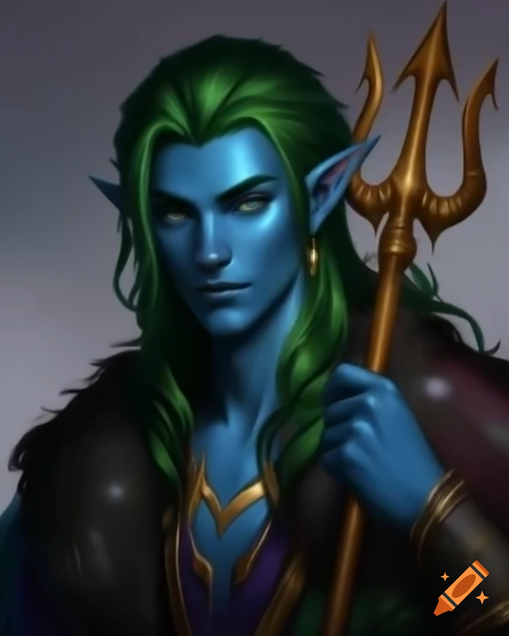Handsome male sea elf bard with green hair and blue skin in prince-like ...