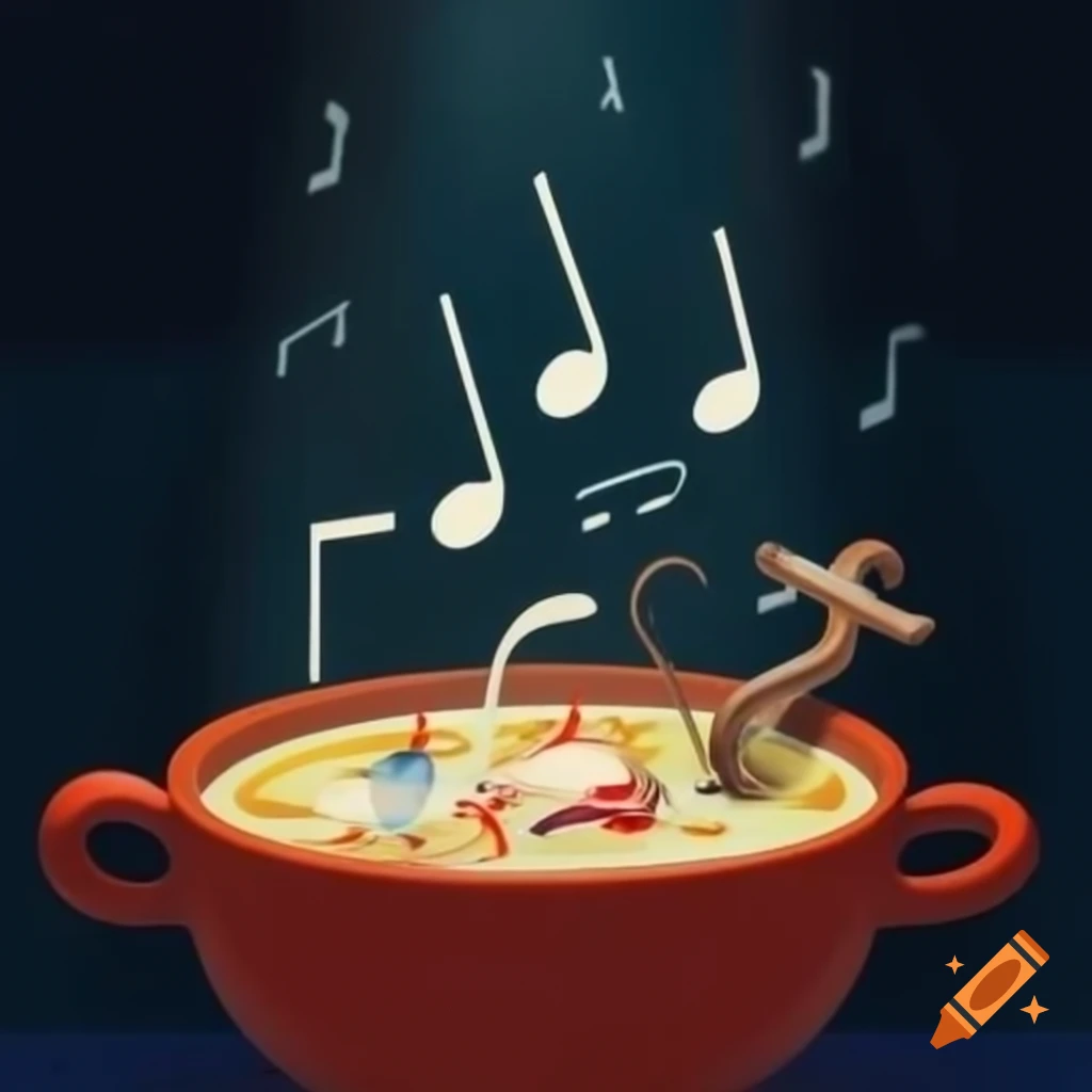 Top-down shot of musical themed scene in a bowl of soup on Craiyon