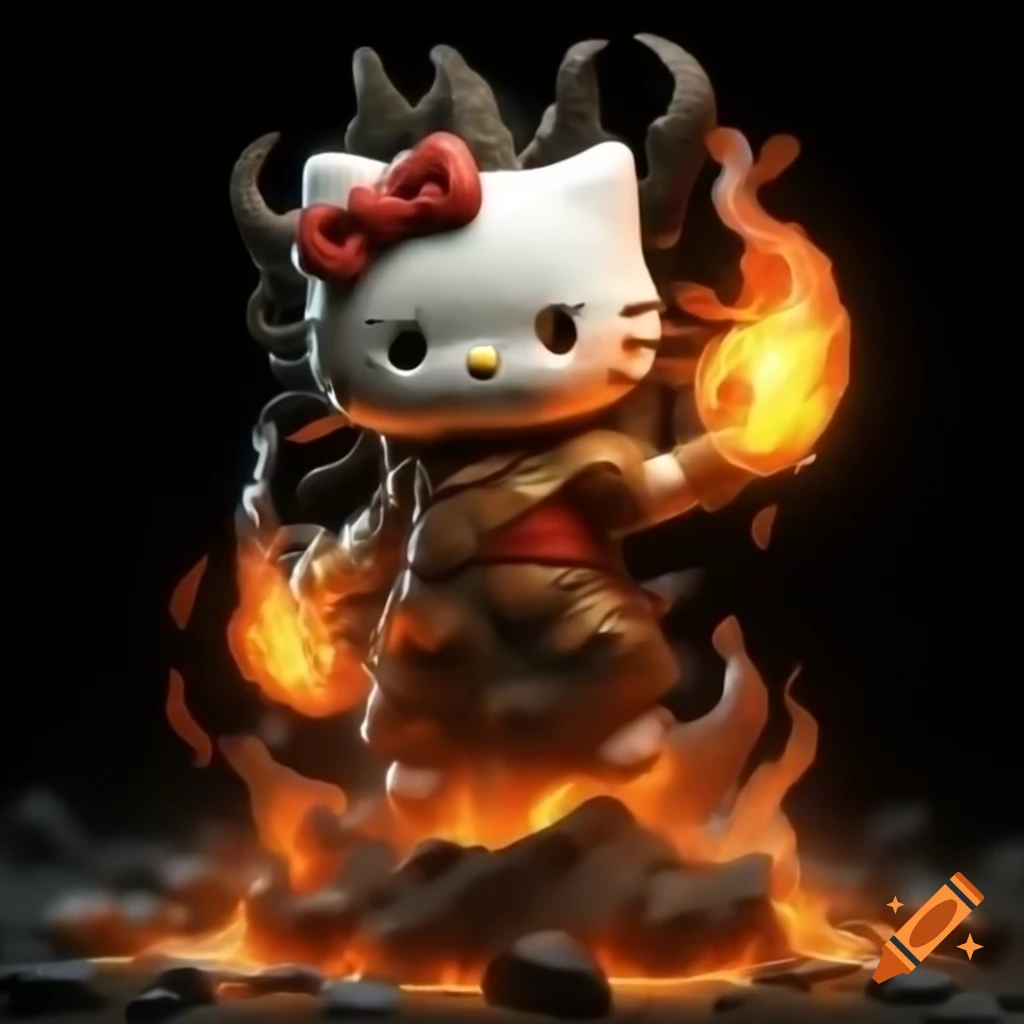 Tiny, cute burning god resembling Hello Kitty in hero pose, showcasing ...