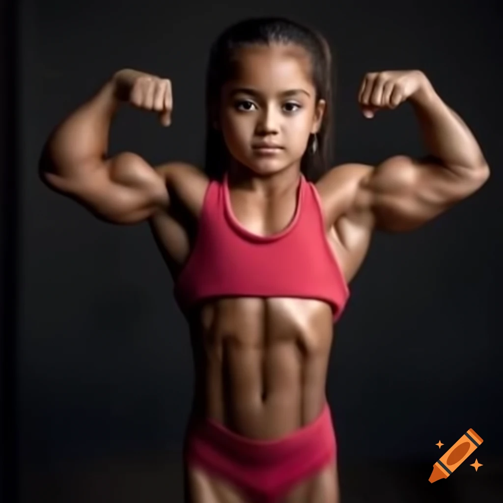 Young female bodybuilder showcasing strong biceps with visible veins on Craiyon