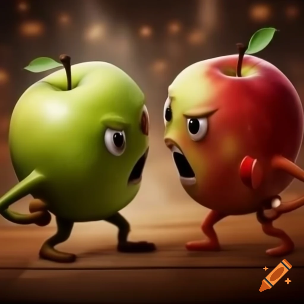 Playful depiction of an apple fight on Craiyon