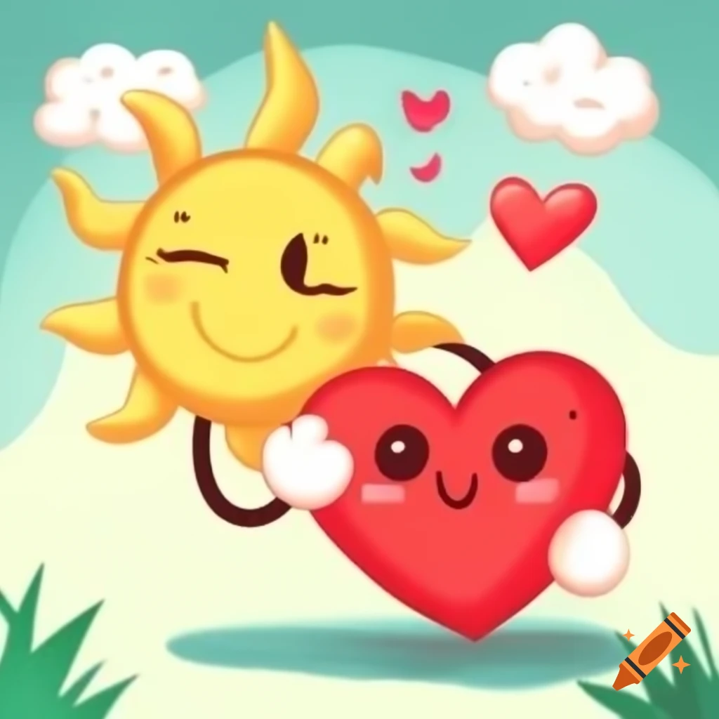 Cute cartoon illustration of red heart and yellow sun holding hands ...