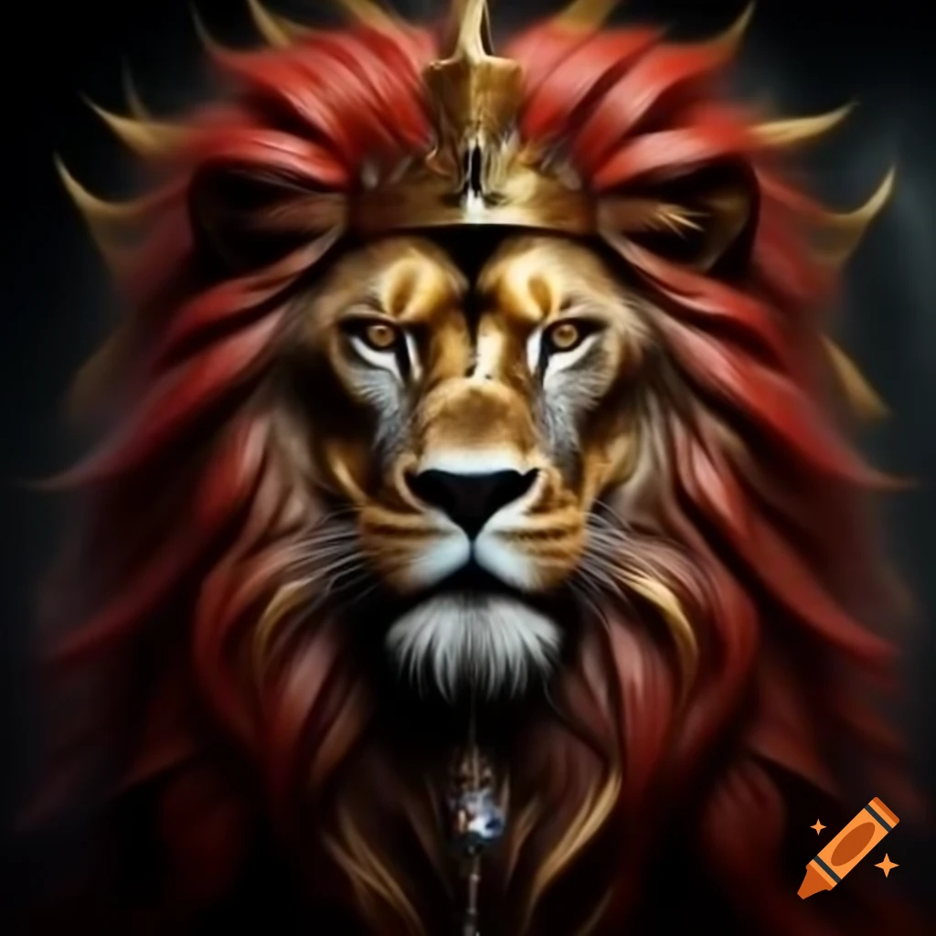 Red and black lion with a gold crown on Craiyon