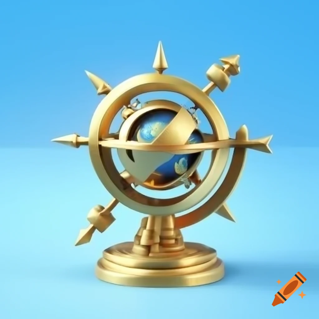 Brass magical compass designed like a celestial globe on light blue ...