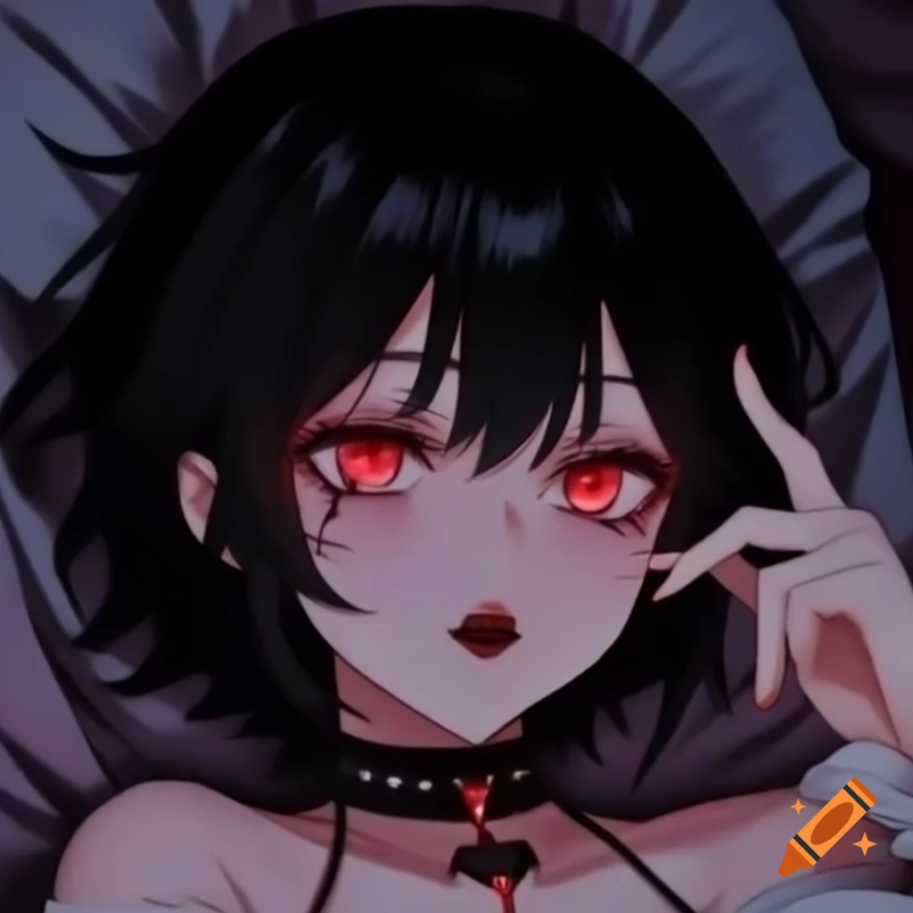 Anime vampire woman with short black hair and red eyes making a peace ...