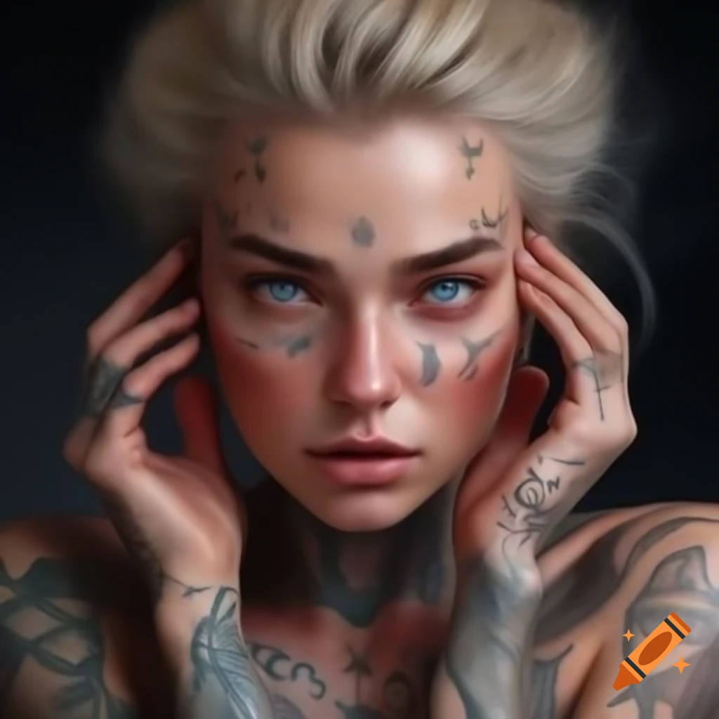 Realistic portrait of Eastern European woman with tattoos and blue eyes ...