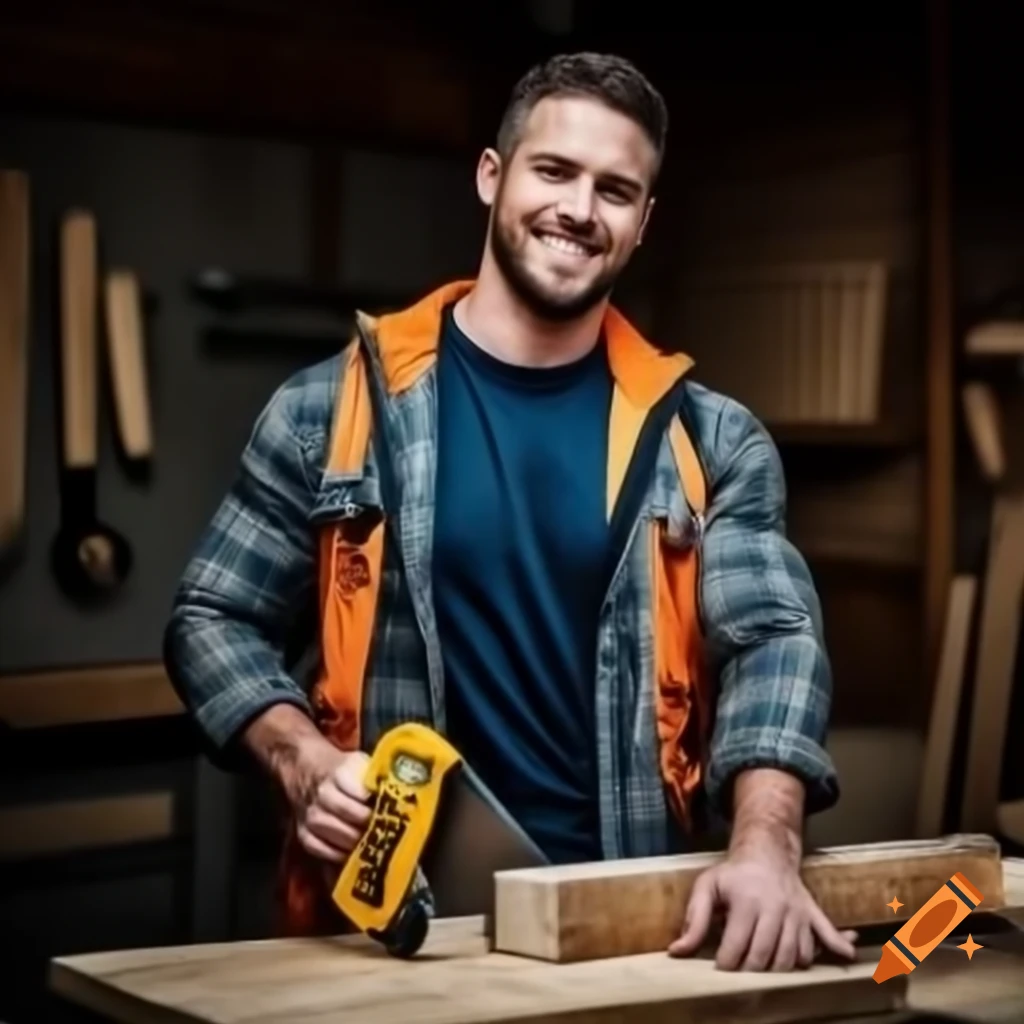 Muscular man in work jacket cutting wood with saw, woodworking tools in ...