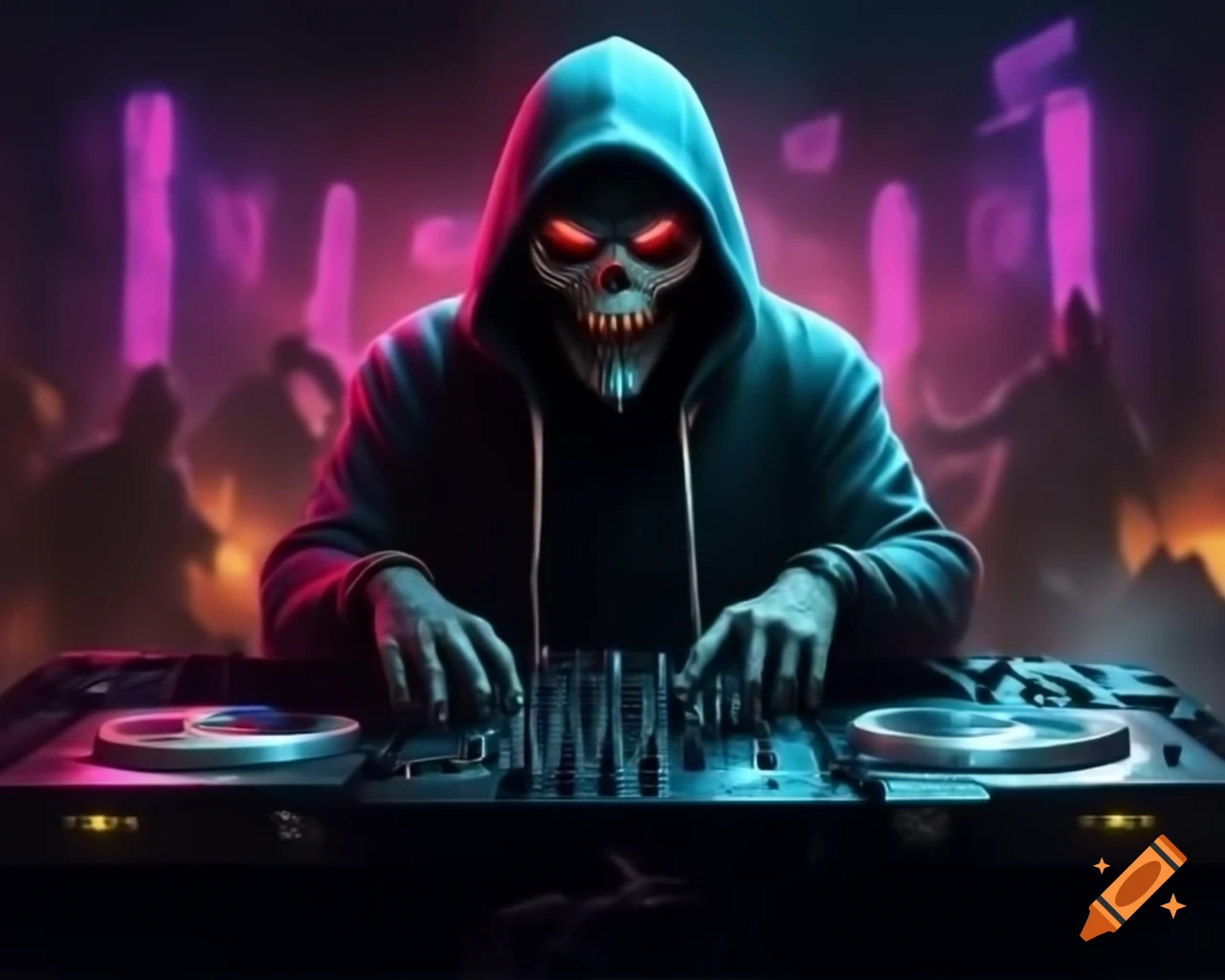 Sinister Reaper DJ with bright eyes amidst neon lights and dubstep ...