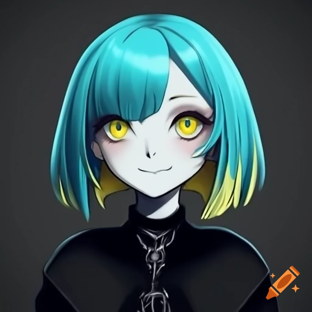 Anime goth girl with cyan short hair and yellow eyes in black outfit on ...