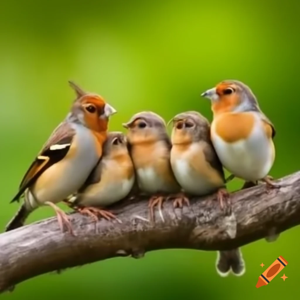 Five sparrows, including three baby sparrows, perched on a tree branch ...