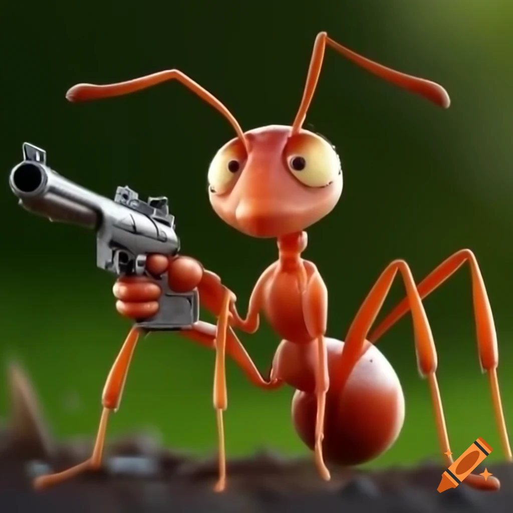 Ant holding a gun, whimsical illustration on Craiyon
