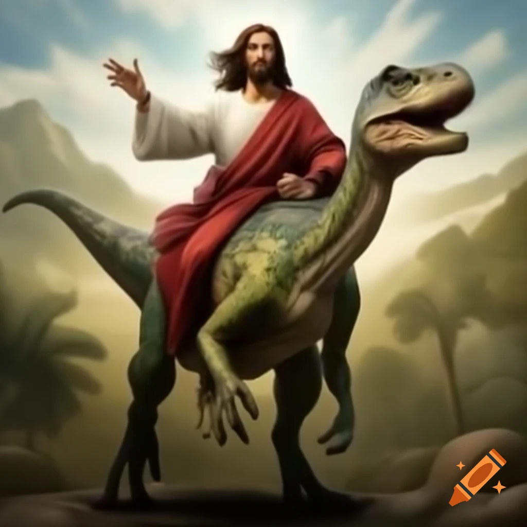 Creative depiction of a figure resembling jesus riding a dinosaur on ...