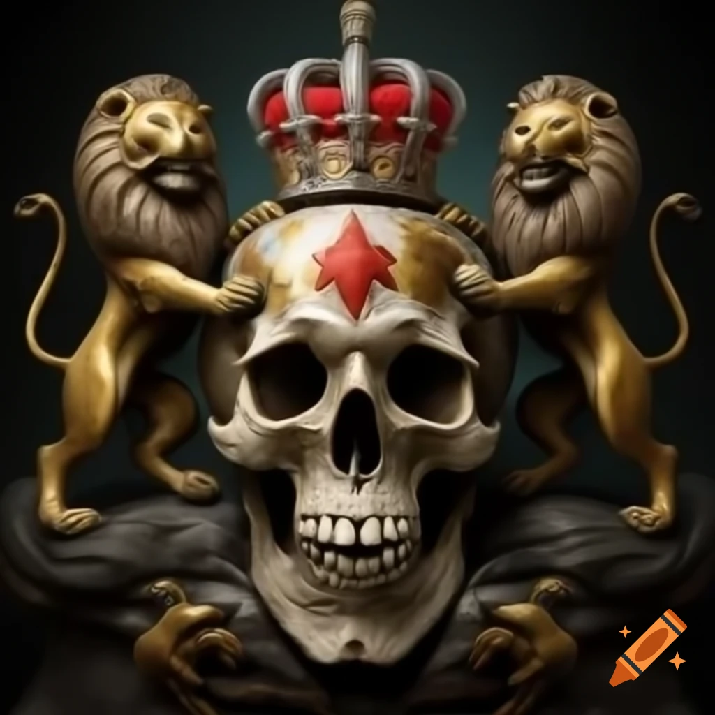 Royal crest featuring lions and a skull with a seven pointed crown and ...