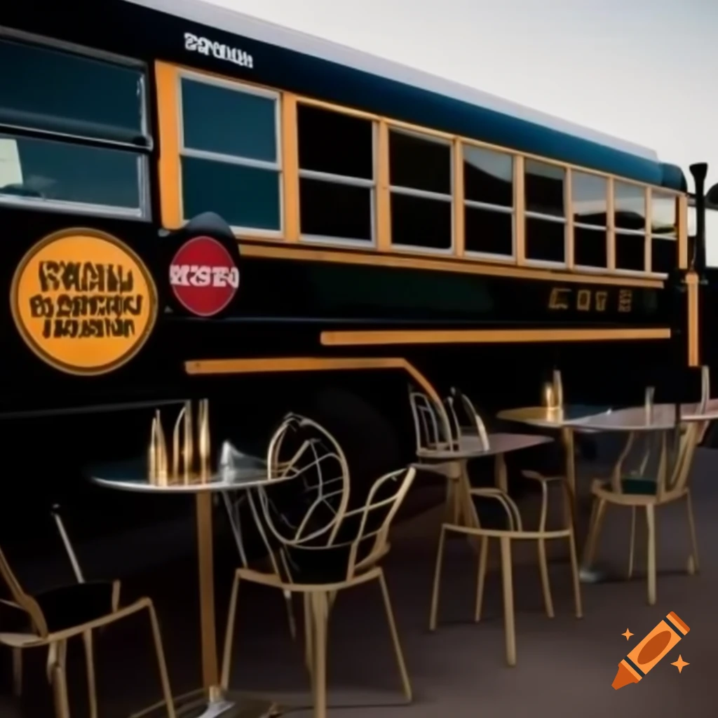 All black school bus featuring gold dining tables and chairs on Craiyon