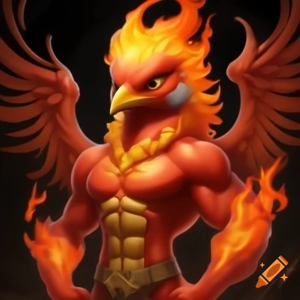 Muscular phoenix mascot rising from ashes in cartoonish art style with ...