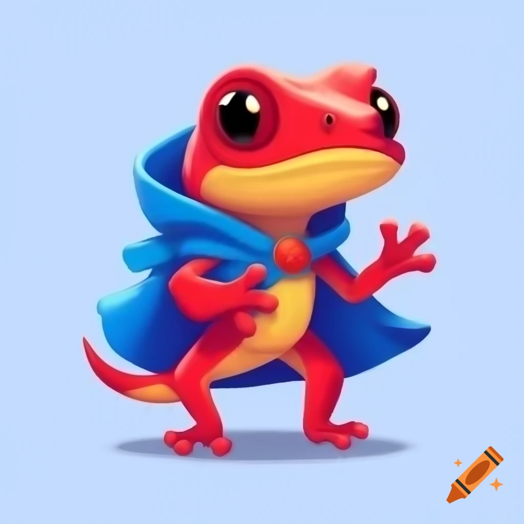Glowing red gecko with cape in colorful cartoon style on Craiyon