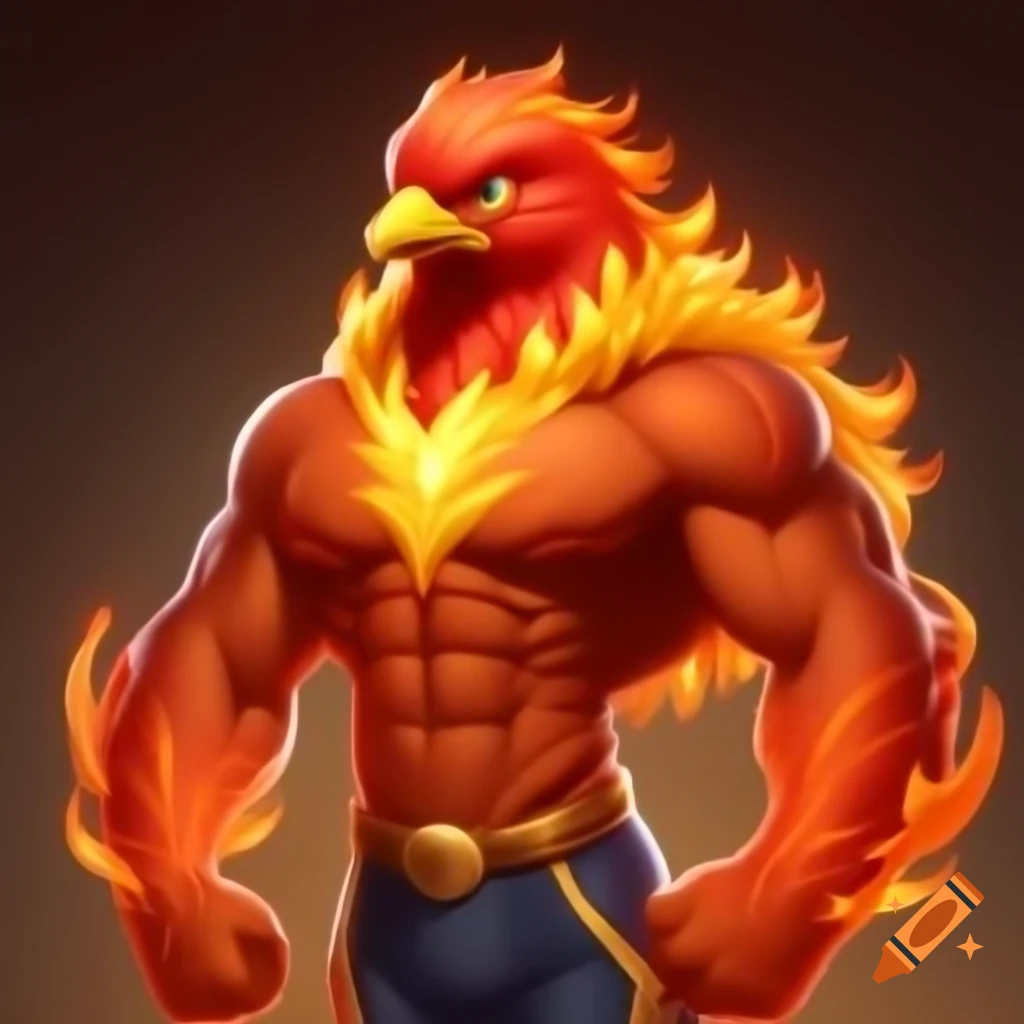 Cartoonish muscular phoenix mascot for gym, holding dumbbells with ...