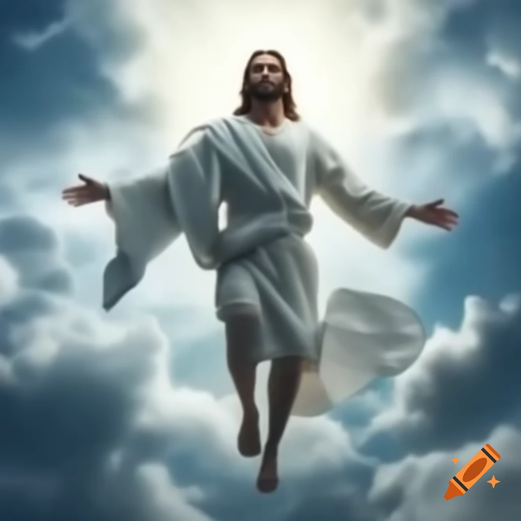 Jesus descending from heaven in white robes on Craiyon