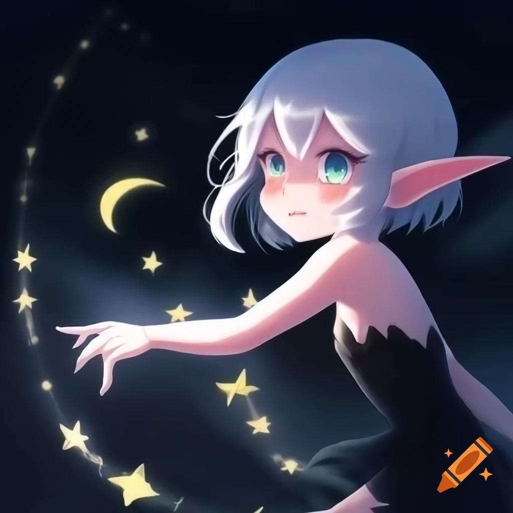 Anime night elf close up with stars and moon face, releasing star ...