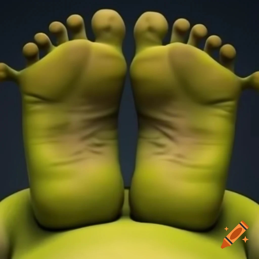 Close-up of Shrek's large green feet on Craiyon