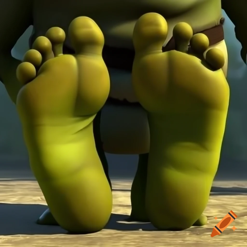 Close-up of Shrek's large green feet on Craiyon