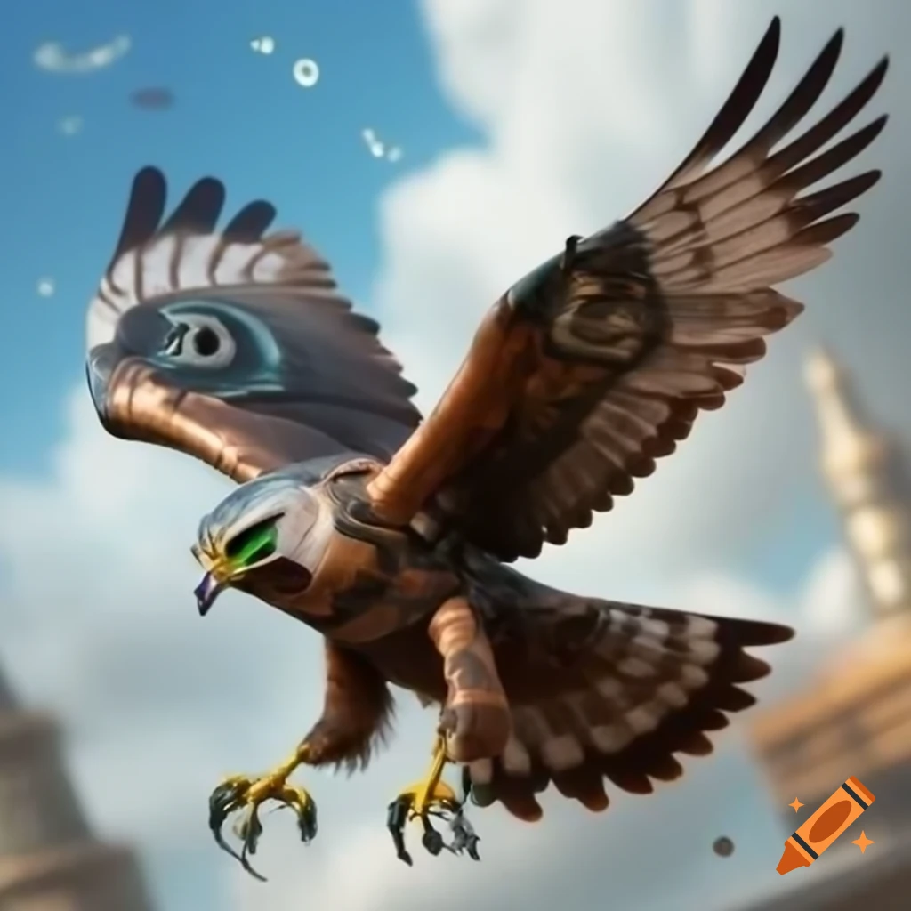 Steampunk hawk with emerald eyes in mid-flight, made of copper and ...