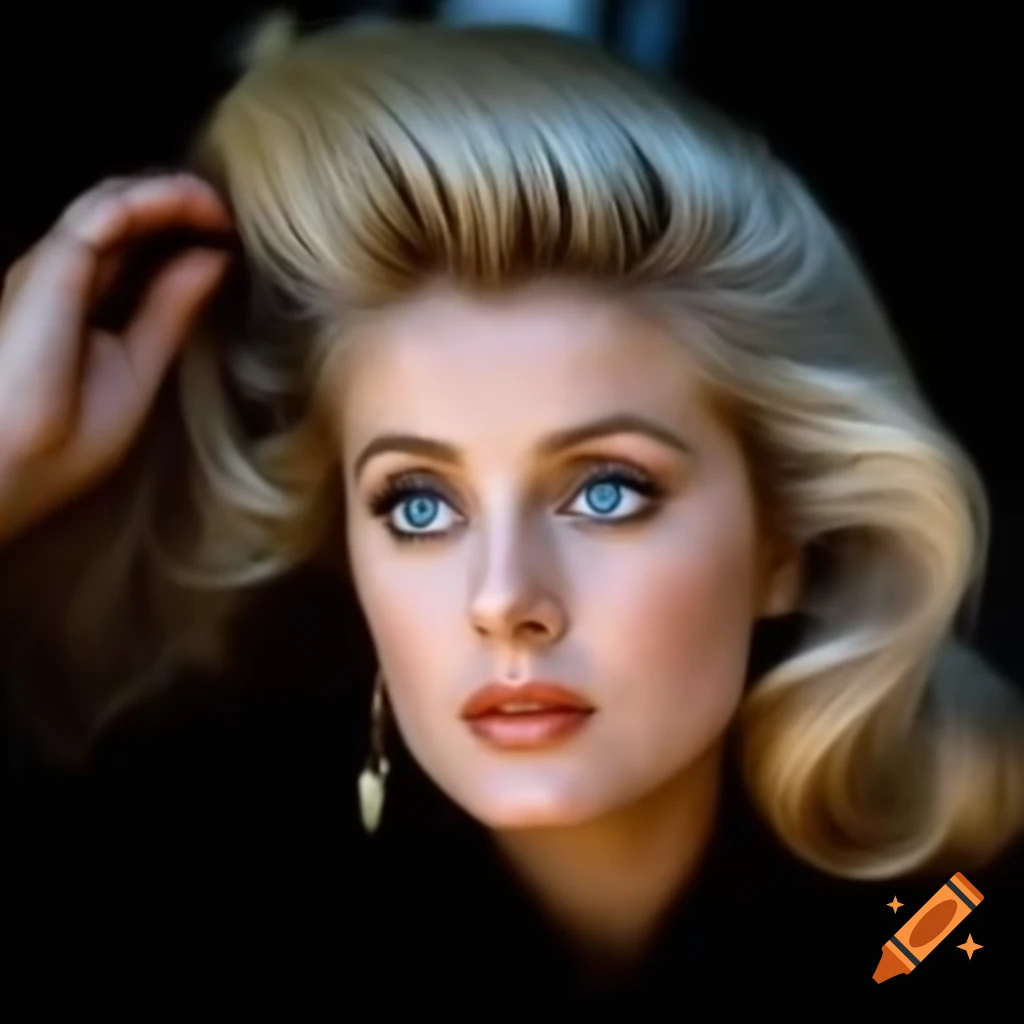 Hyper-realistic portrait of a beautiful European actress from 1963 with blue eyes and golden ...