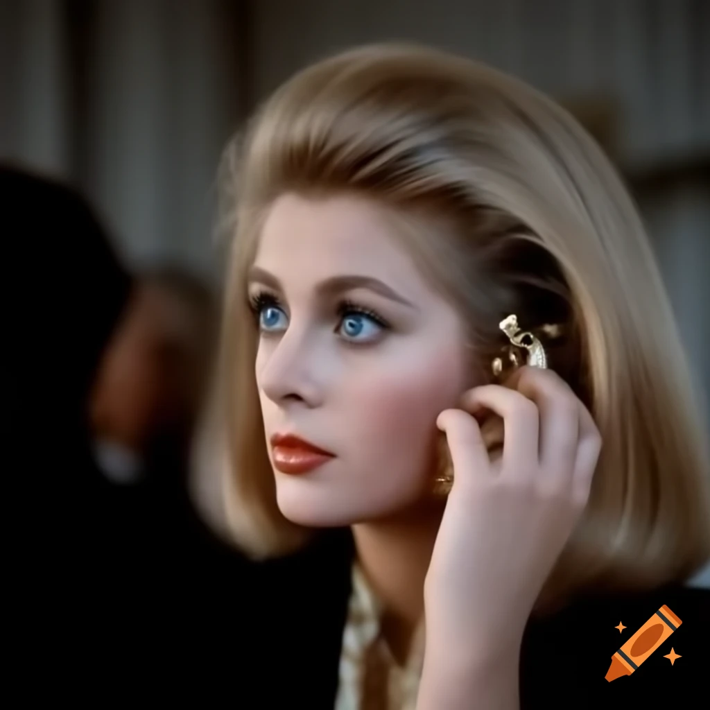 Hyper-realistic portrait of a beautiful european actress from 1963 with blue eyes and golden ...
