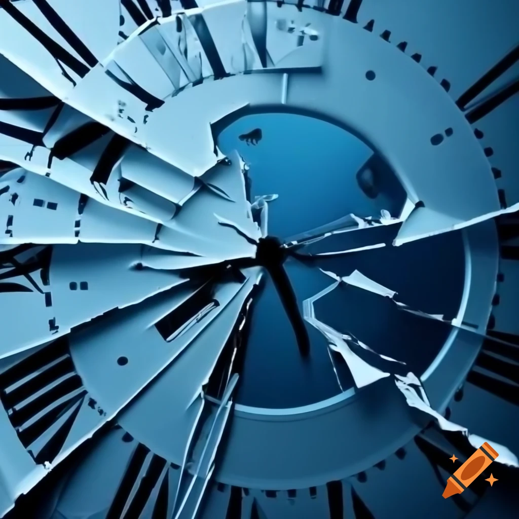 Shattered mirror fragments reflecting distorted clock image on Craiyon