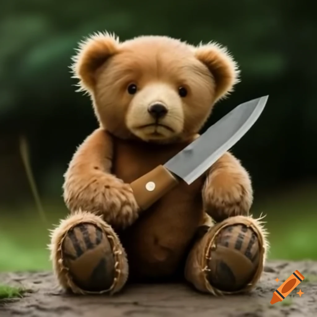 Teddy bear holding a knife, intriguing juxtaposition on Craiyon