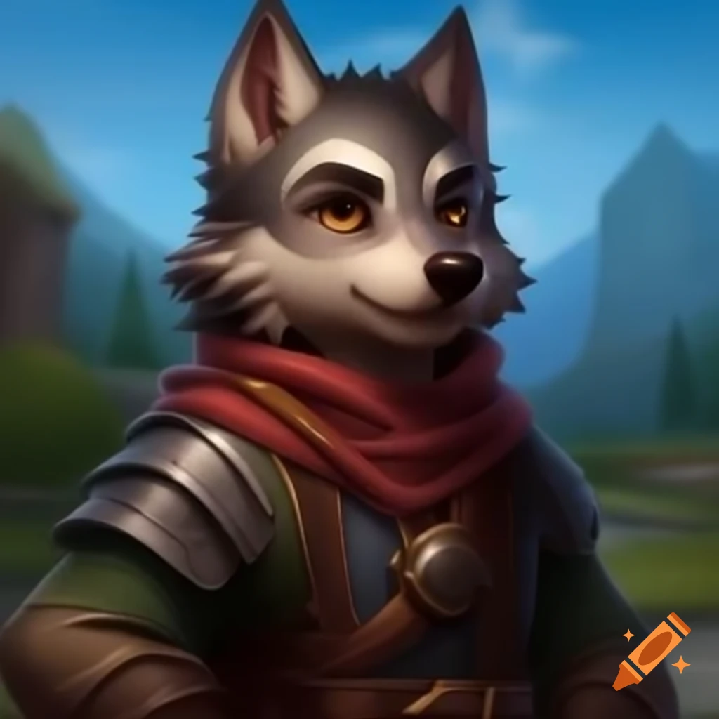 Anthropomorphic wolf pup in medieval clothing outdoors on Craiyon