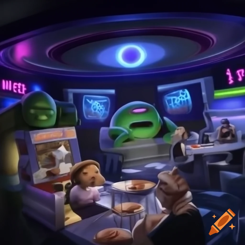 Futuristic space-themed pizza parlor on alien planet with neon signs on ...