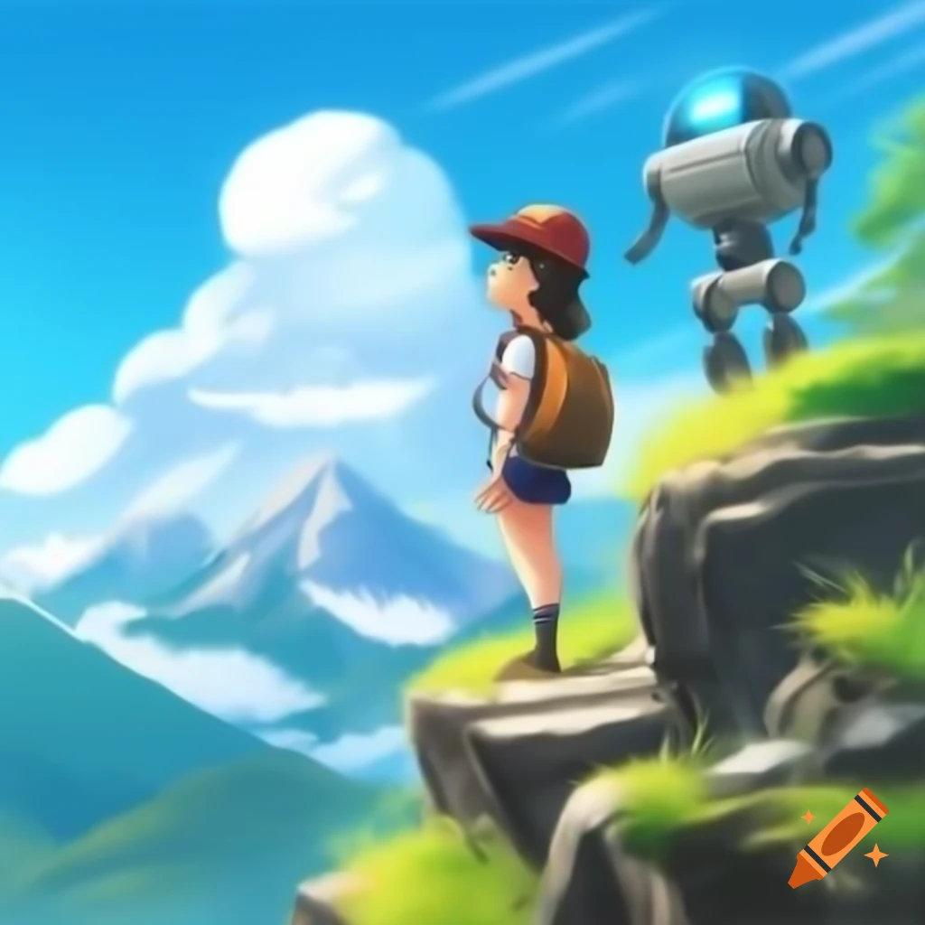 Anime girl hiking in mountains discovering tiny robot on cliff on Craiyon