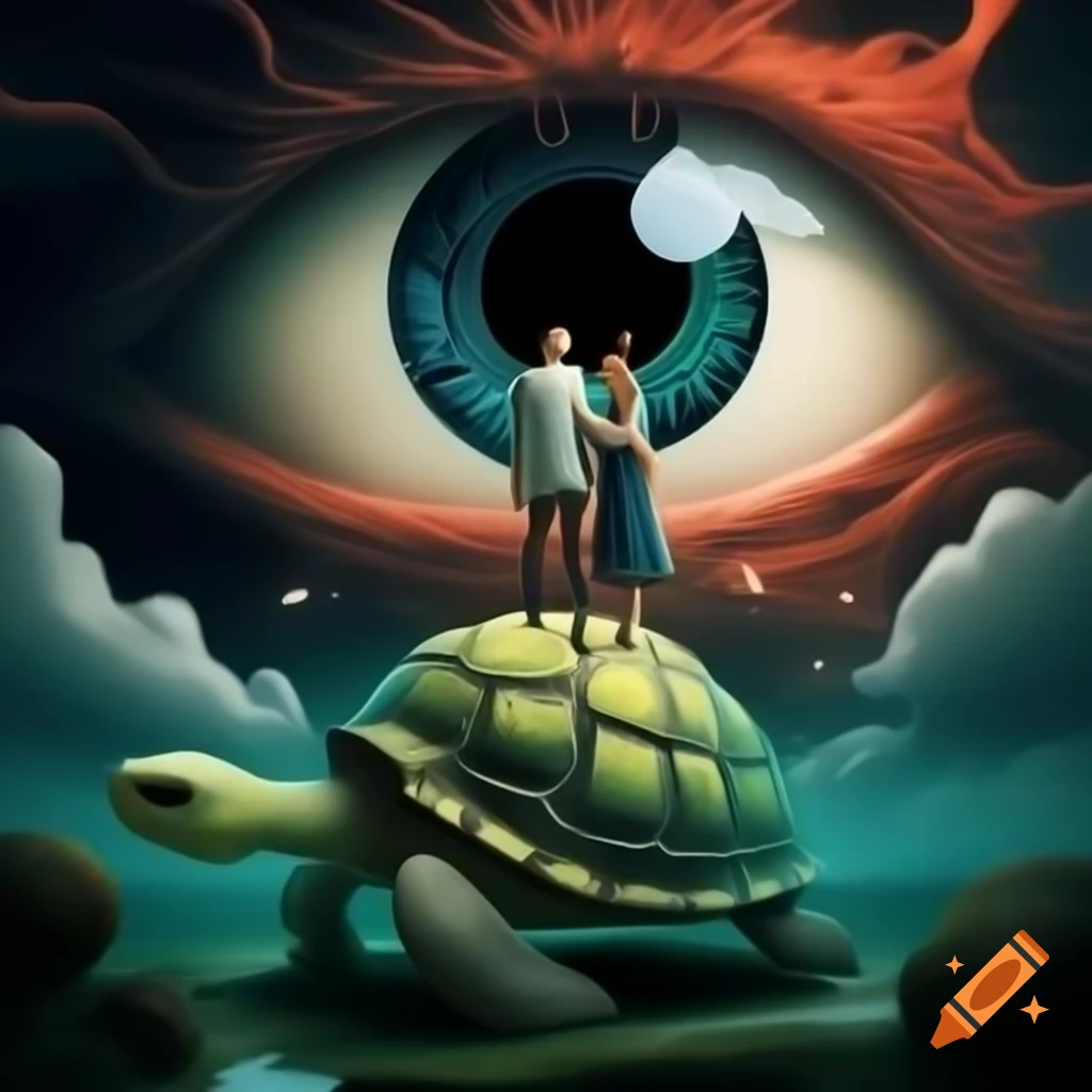 Surreal fantasy couple riding a giant turtle with eye-shaped clouds on ...