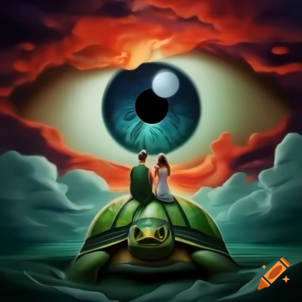 Surreal fantasy couple riding a giant turtle with eye-shaped clouds on ...