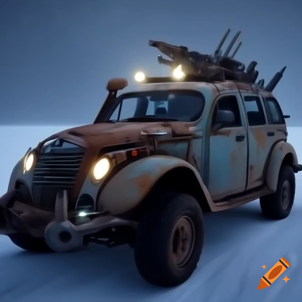 Post-apocalyptic Chrysler PT Cruiser in snowy landscape during storm ...