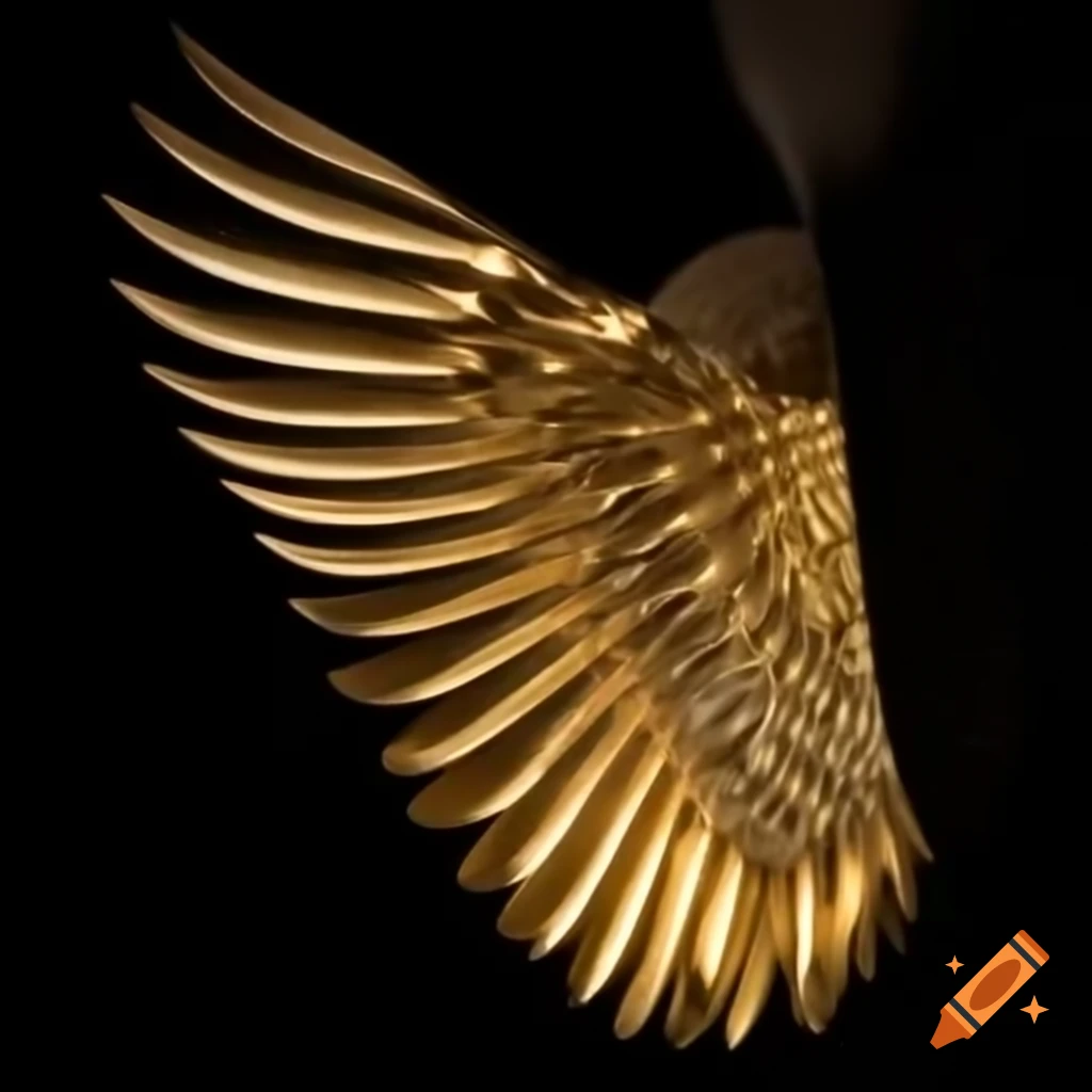 Intricate golden wings with sharp metal feathers shimmering in light on ...