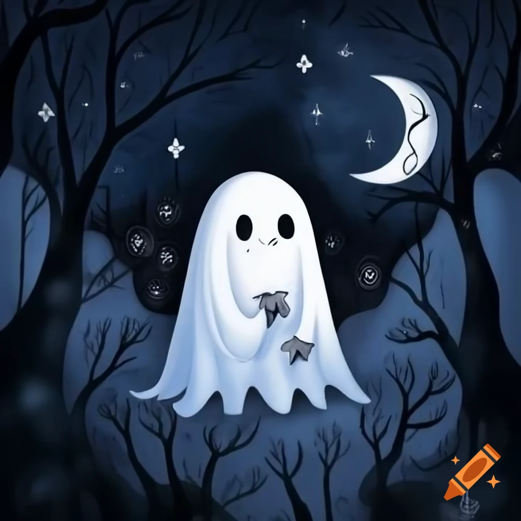 Sheet ghost trick or treating under spooky night sky with moon and ...