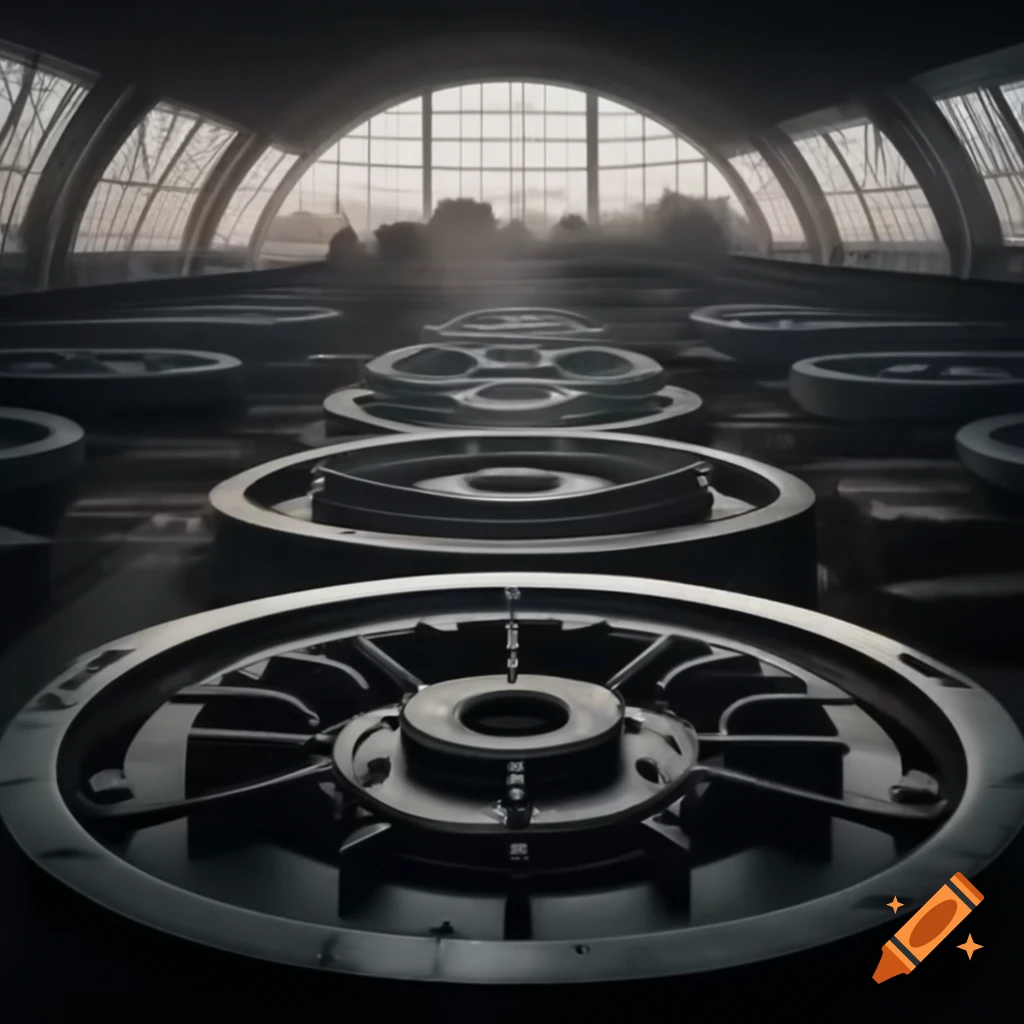 Giant dystopian factory with large circular burners, ultra realistic corner view on Craiyon