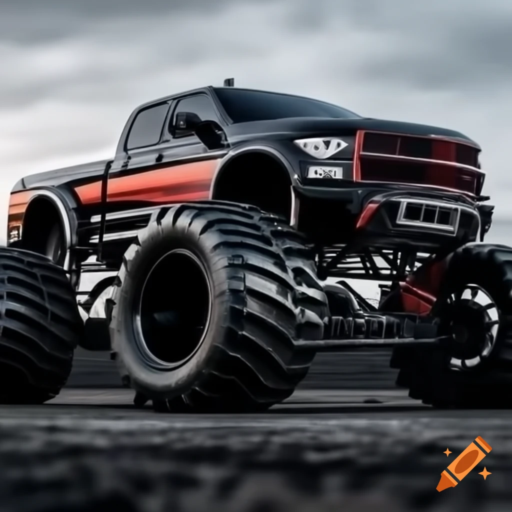 Sleek black and silver monster truck with red stripes on Craiyon